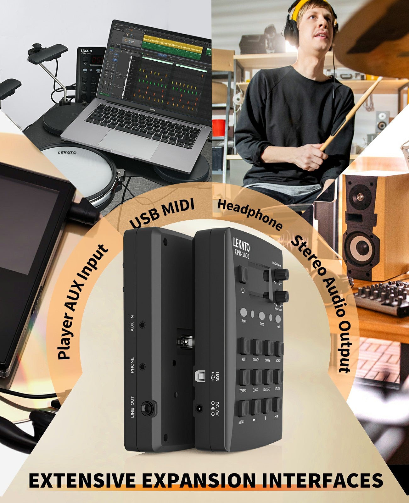 LEKATO Electronic Drum Set w/ Quiet Mesh Snare Drum Pads 220+ Sounds ...